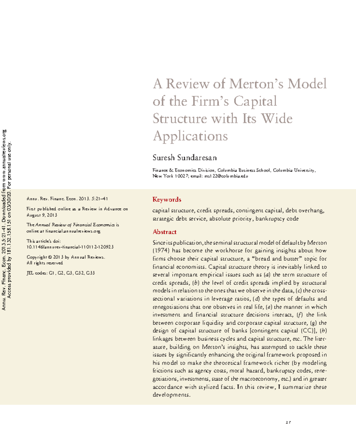 A Review of Merton's Model on Capital Structure (Annurev 2013) - Studocu