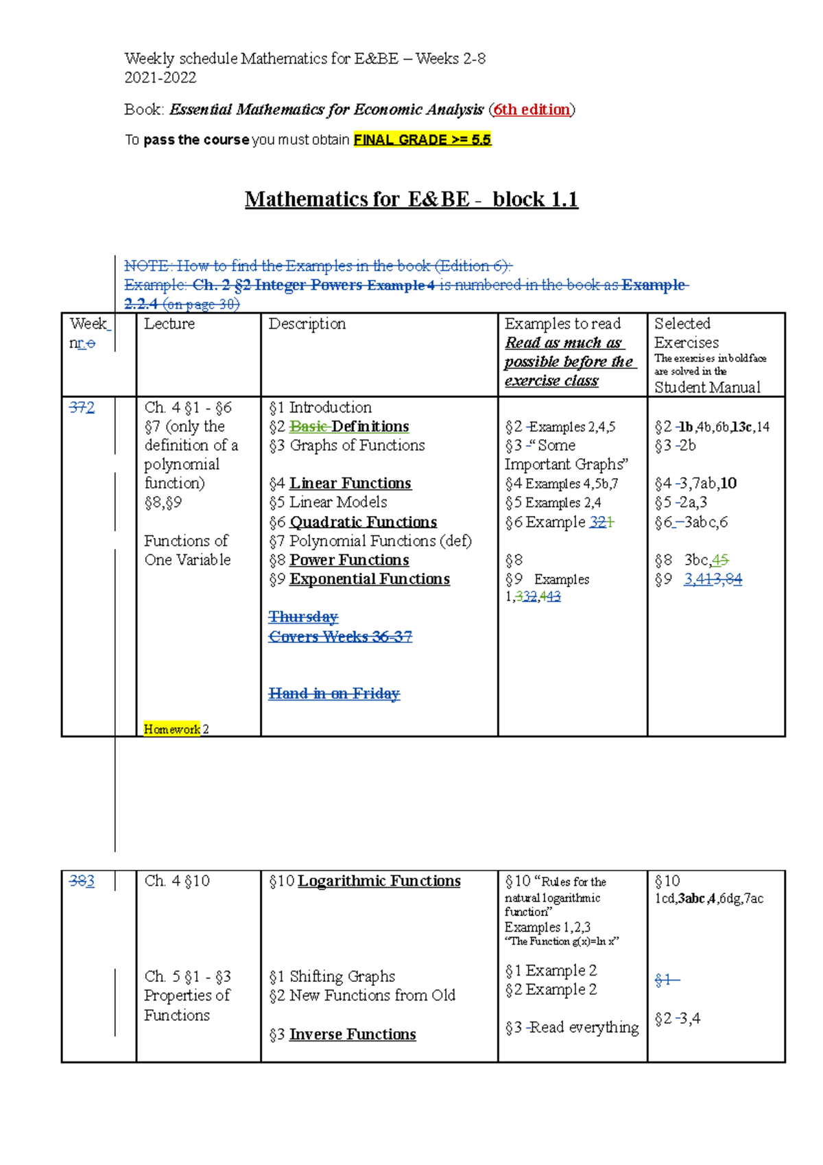 Weekly Schedule for Mathematics (E&BE 2021-2022 - Ed 6) - Studeersnel