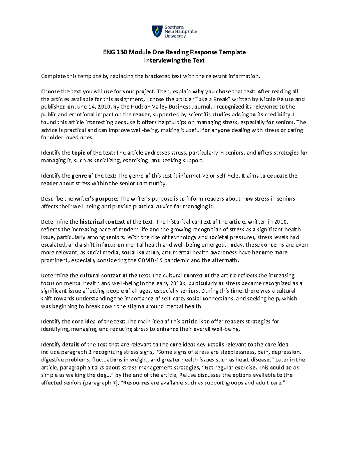 ENG 130 Module One Reading Response: Analyzing Stress in Seniors - Studocu