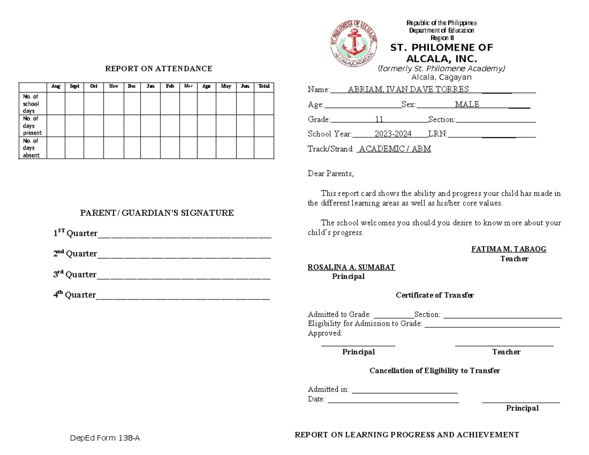 Report on Attendance and Learning Progress for ABM Grade 11 - Studocu