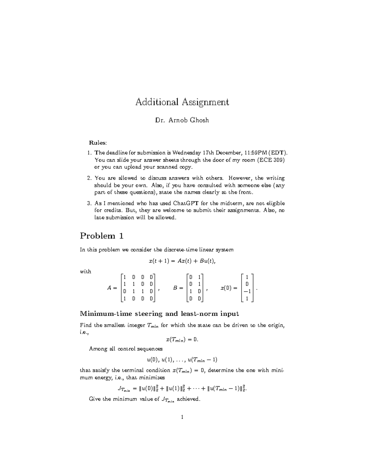 Additional Assignment ECE 309 - Dr. Arnob Ghosh Guidelines - Studocu