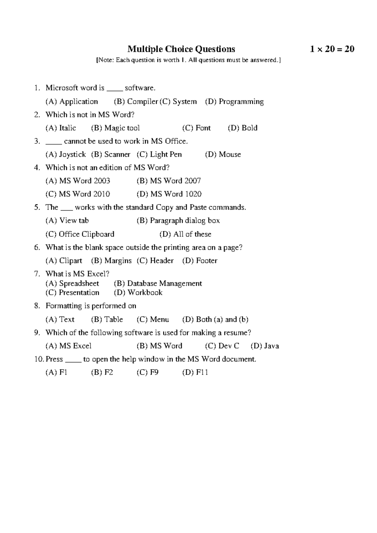 Su - MCQ Notes for MS Office (Excel & Word) - Studocu