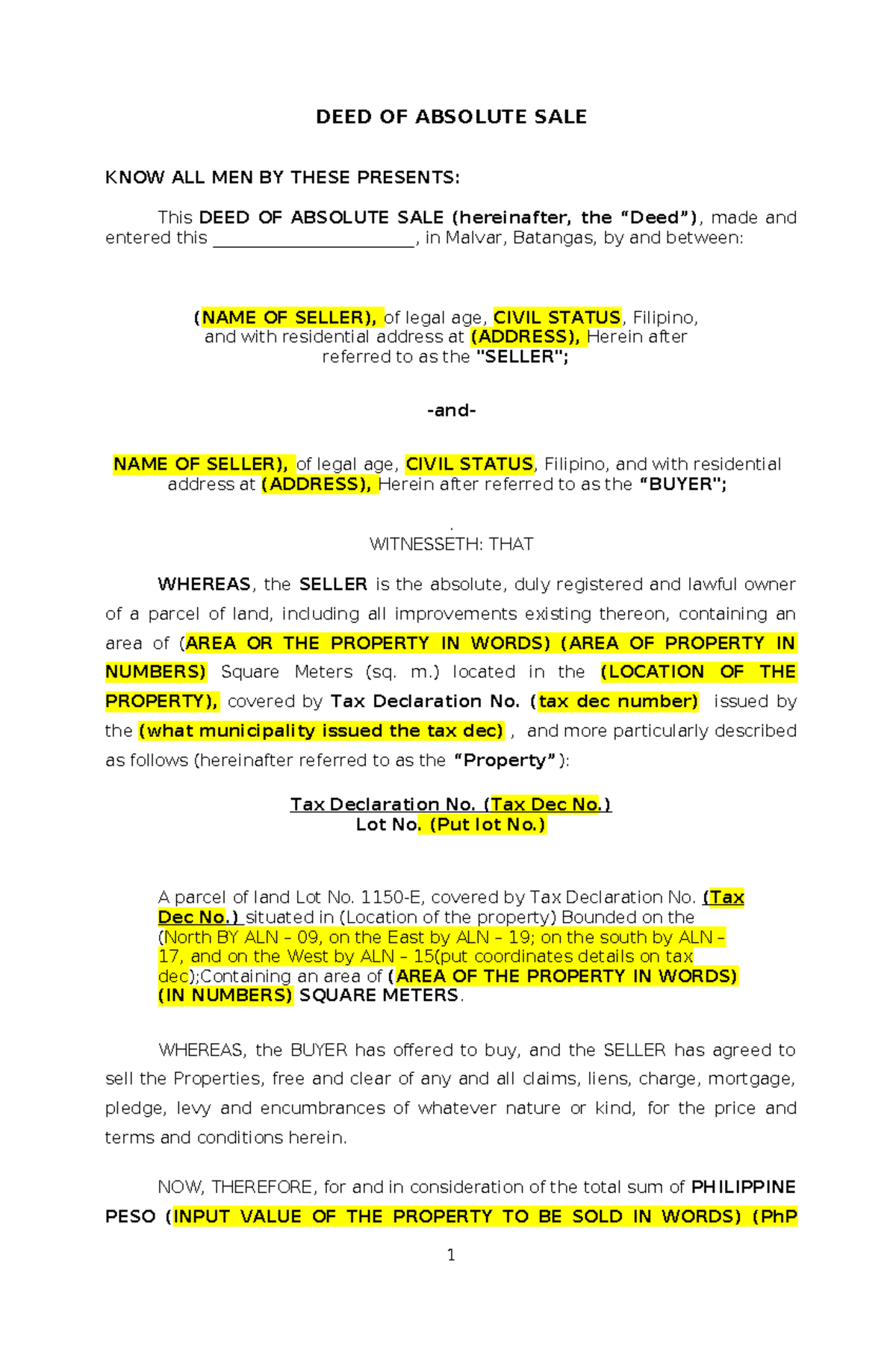 DEED OF ABSOLUTE SALE DRAFT - MALVAR, BATANGAS - Studocu