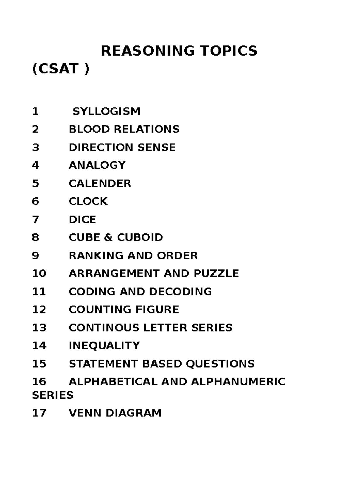 CSAT for UPSC Prelims: Reasoning & Mathematics Topics - Studocu