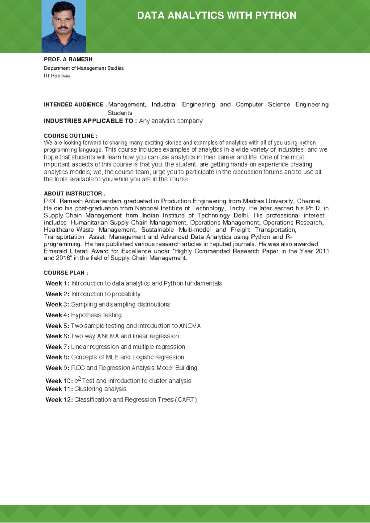 106107220: Data Analytics with Python - Course Outline & Plan - Studocu