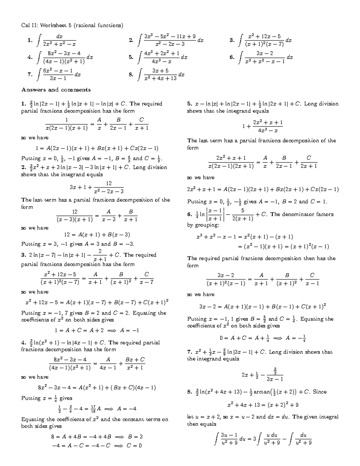 Cal II: Worksheet 5 on Rational Functions and Integrals - Studocu