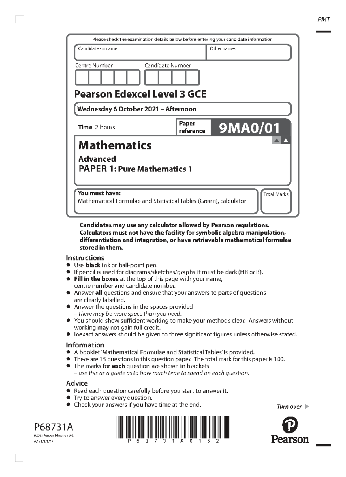 Mathematics Advanced Paper 1: Pure Mathematics 1 (PMT) - Oct 2021 QP ...