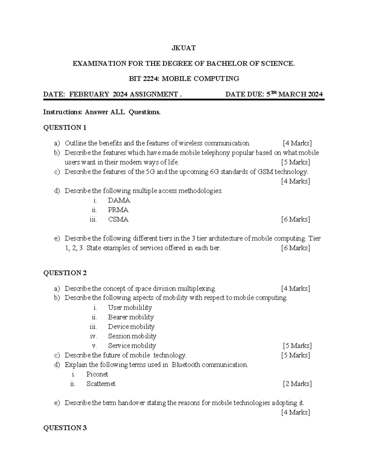 BIT 2224 Mobile Computing Exam Questions - February 2024 - Studocu