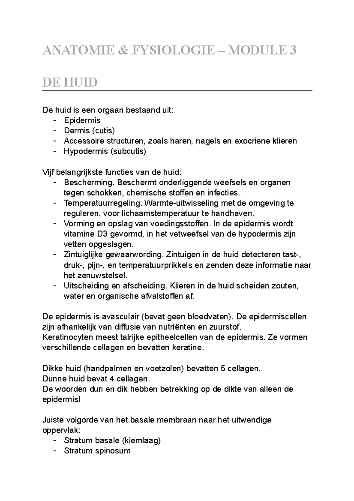 Anatomie en Fysiologie - Module 3: De Huid en zijn Functies - Studeersnel