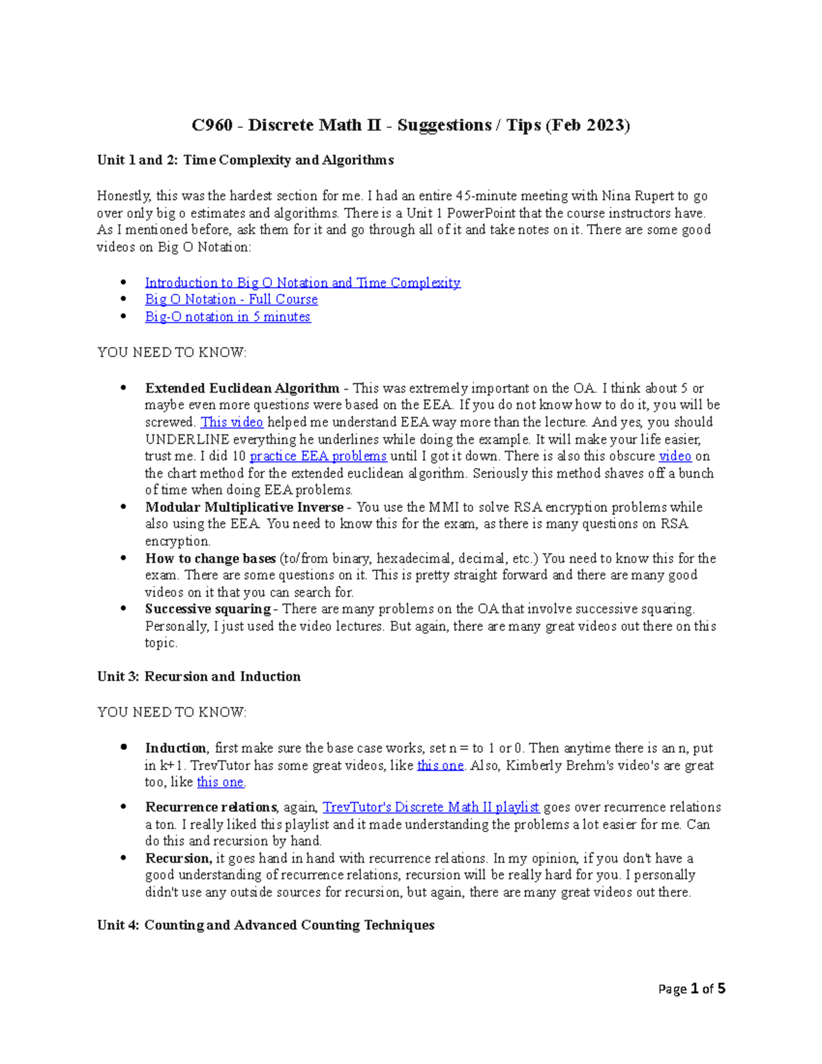 C960 Study Strategy and Topics - C960 - Discrete Math II - Suggestions / Tips (Feb 2023) Unit 1 ...