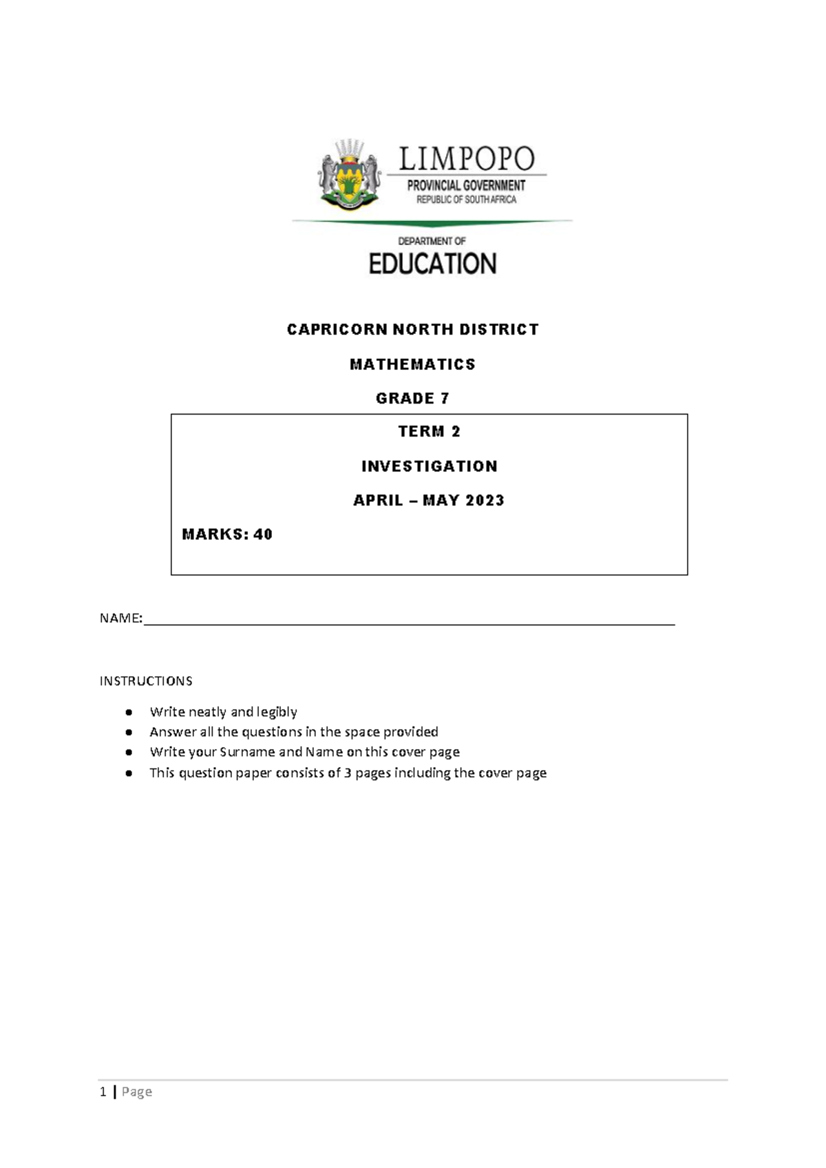 CAPRICORN NORTH GRADE 7 MATHEMATICS TERM 2 INVESTIGATION - Studocu