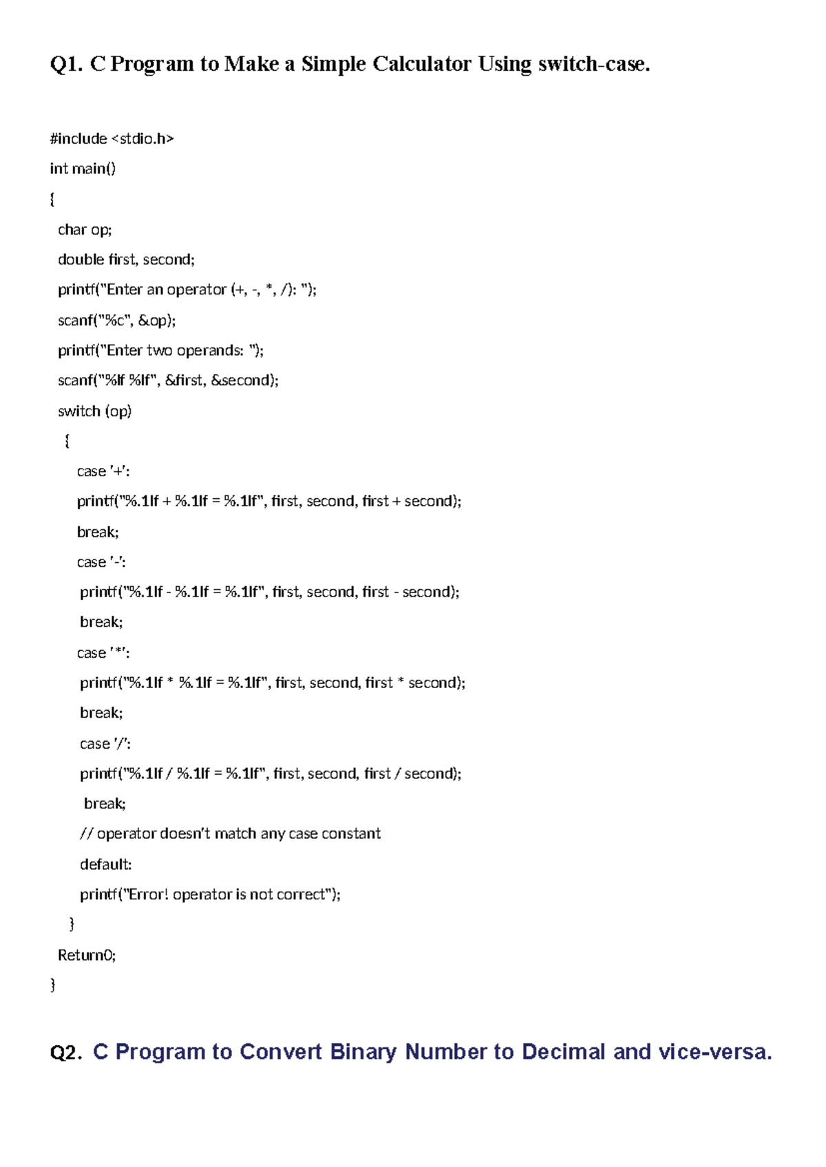 C Programming Homework: Simple Calculator, Binary to Decimal, Matrices ...