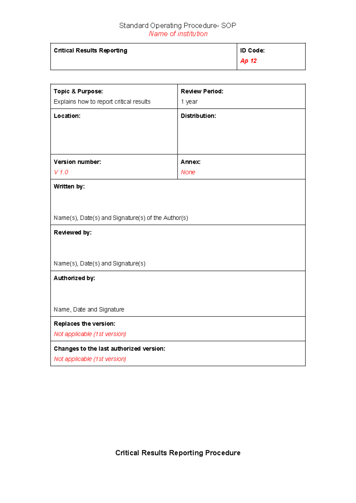 Ap 12 - Critical Results Reporting SOP: Version 1.0 Overview - Studocu