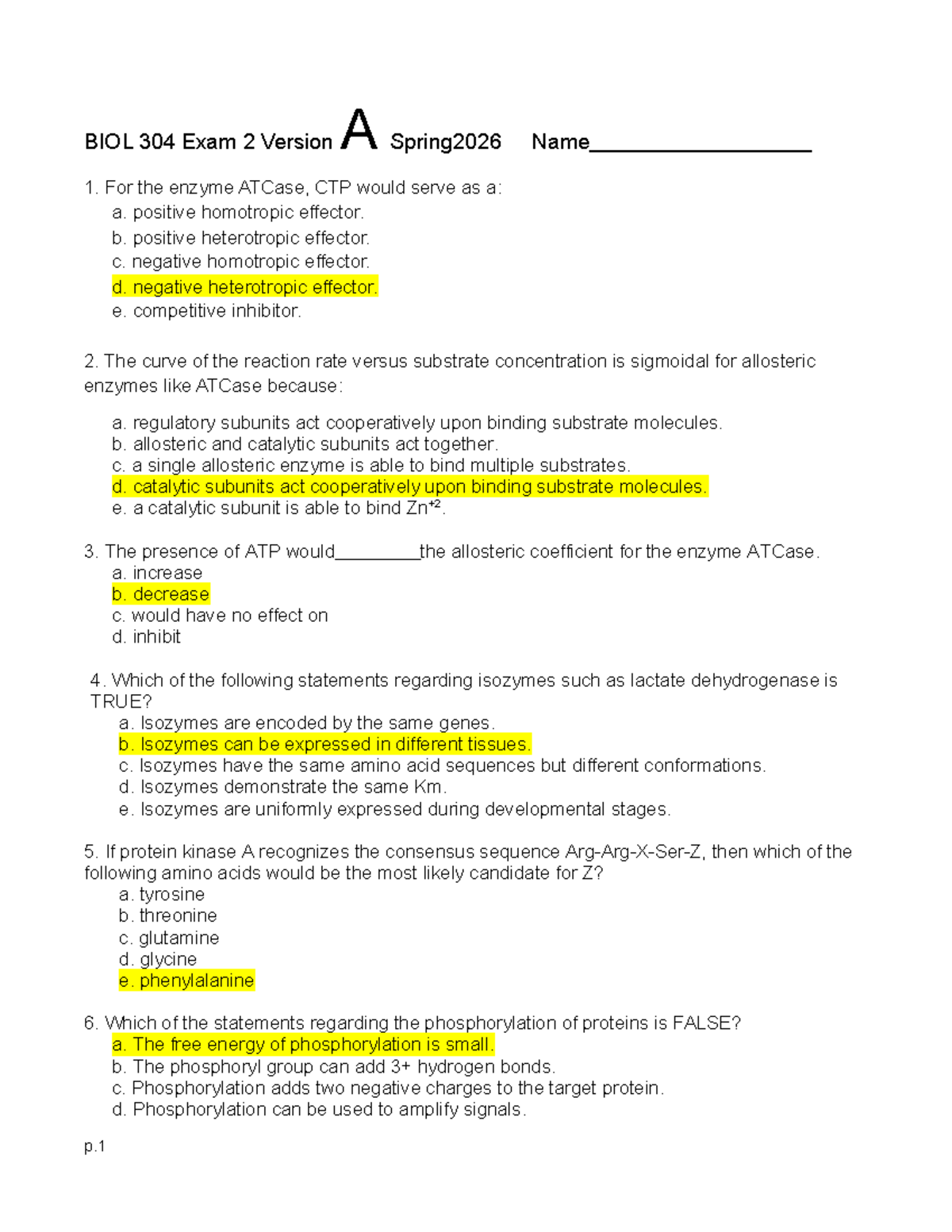 BIOL 304 Exam 2 Version A Spring 2026 Study Guide with Answers - Studocu