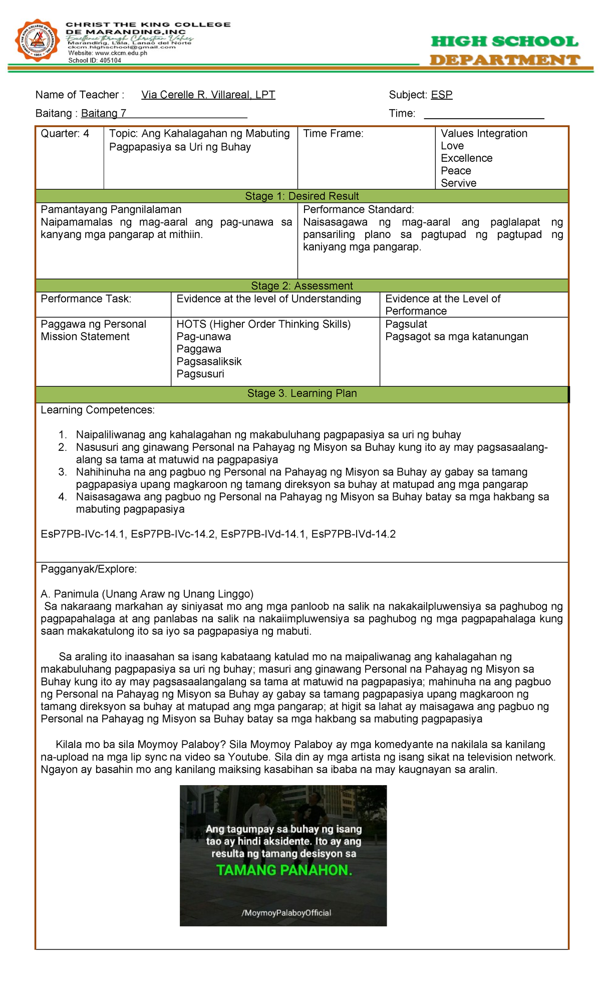 ESP LP - Msksoso - Name of Teacher : Via Cerelle R. Villareal, LPT ...