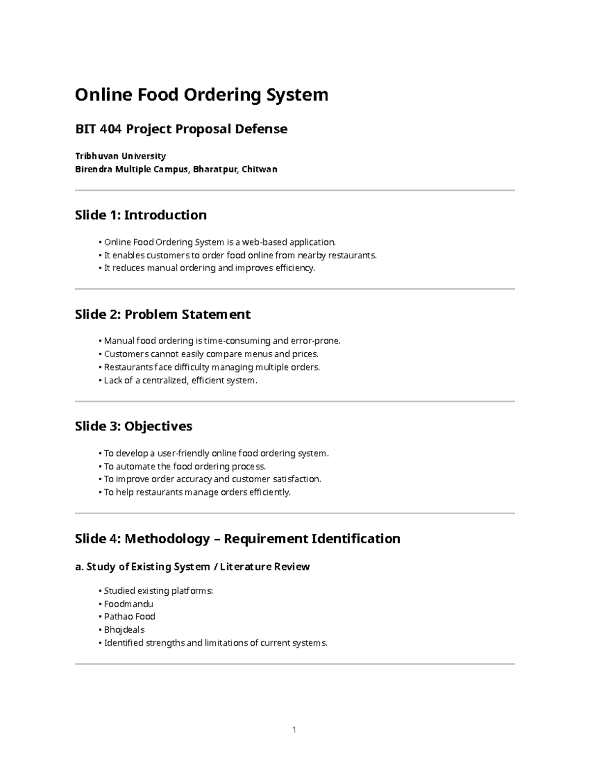 Online Food Ordering System BIT 404 Proposal Defense Presentation - Studocu