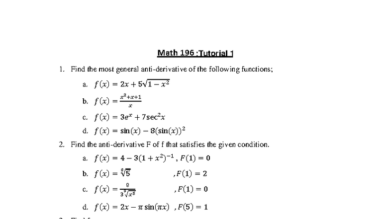Math 196: Tutorial 21 - General Functions and Integrals - Studocu