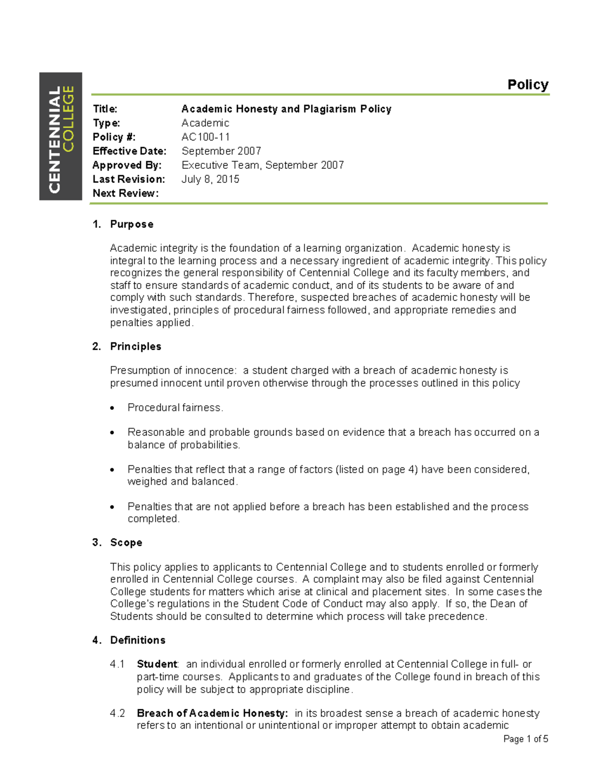 AC100 - Academic Honesty and Plagiarism Policy Overview and Guidelines ...