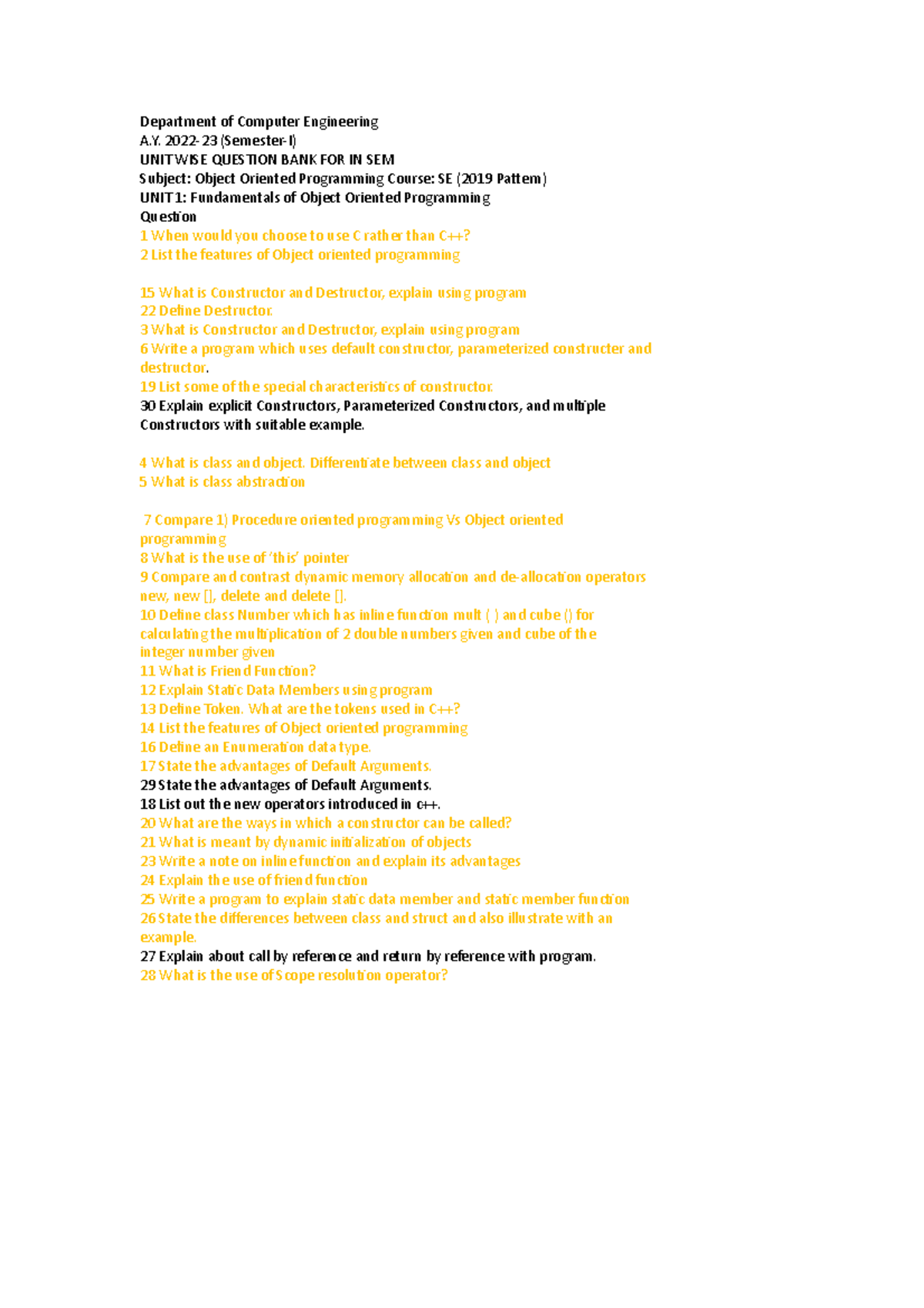 Object Oriented Programming Question Bank for SE (2019 Pattern) - Studocu