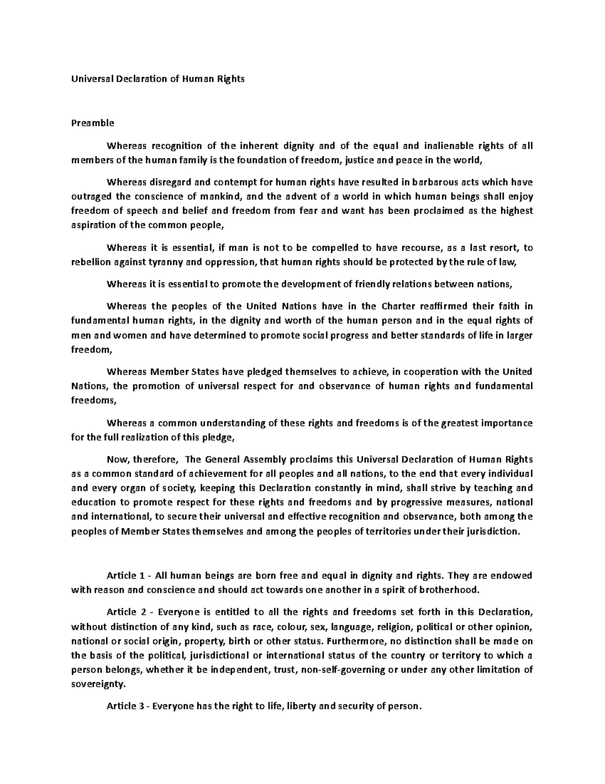 Universal Declaration of Human Rights - Article 1 - All human beings ...