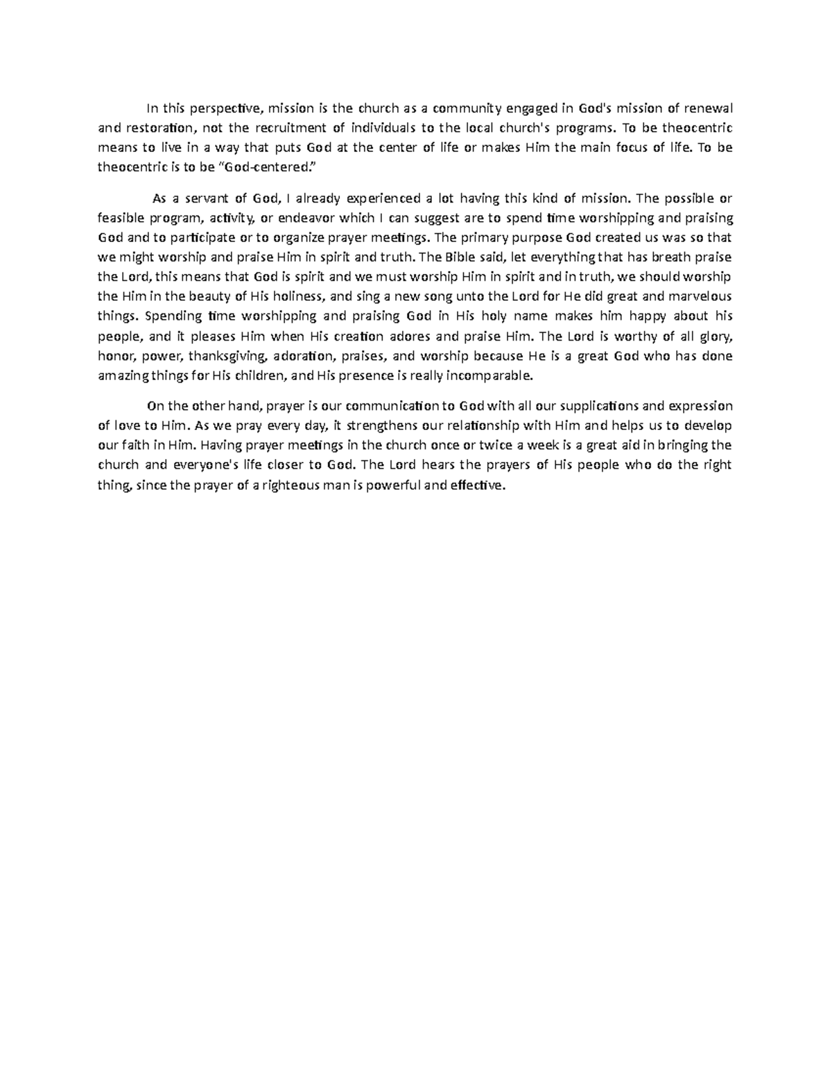 Theocentric Mission: Engaging in Worship and Prayer for Renewal - Studocu