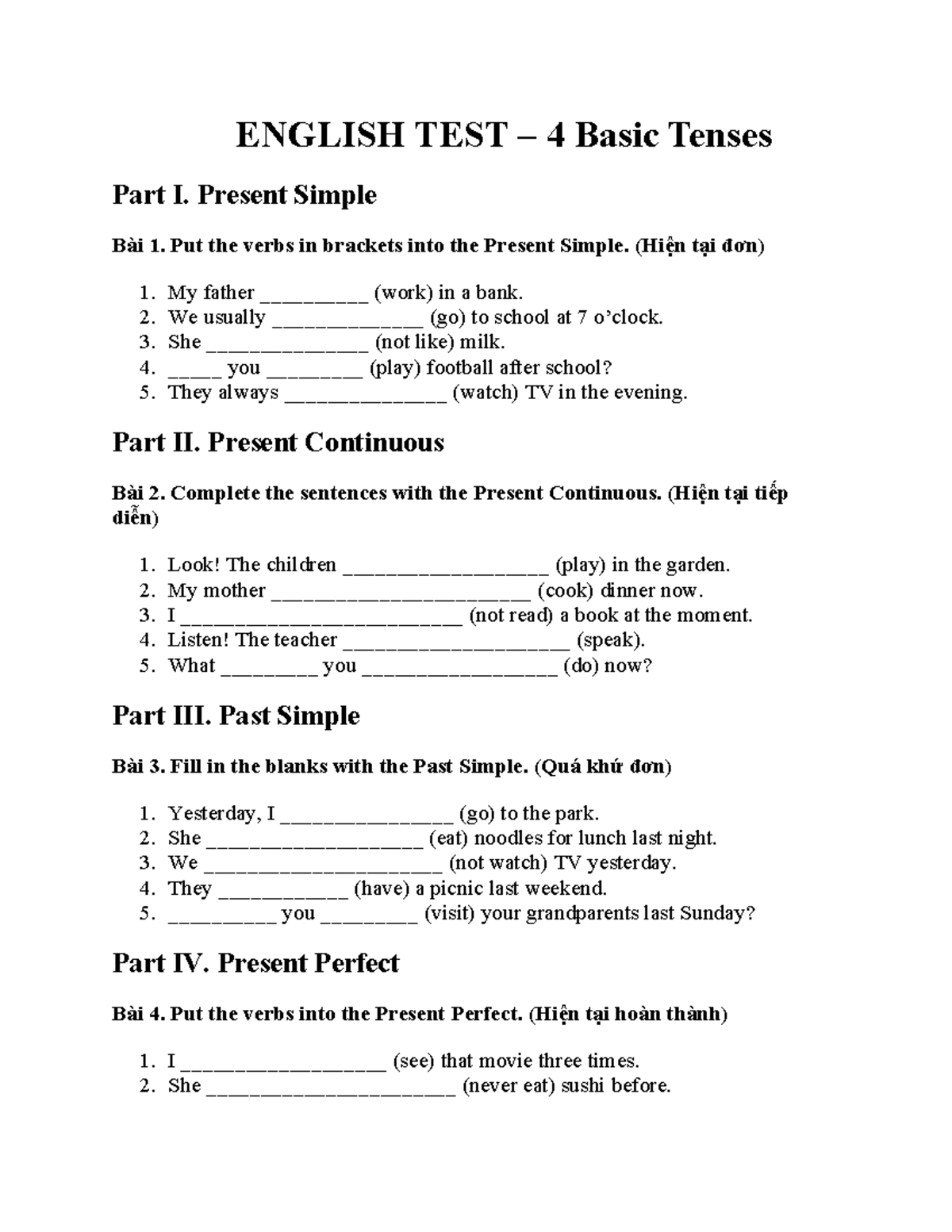 ENGLISH TEST 4: Basic Tenses & Verb Forms for Students - Studocu