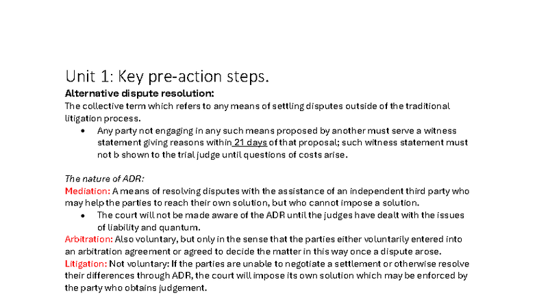 Unit 1: Key Steps in Alternative Dispute Resolution (ADR) - Studocu