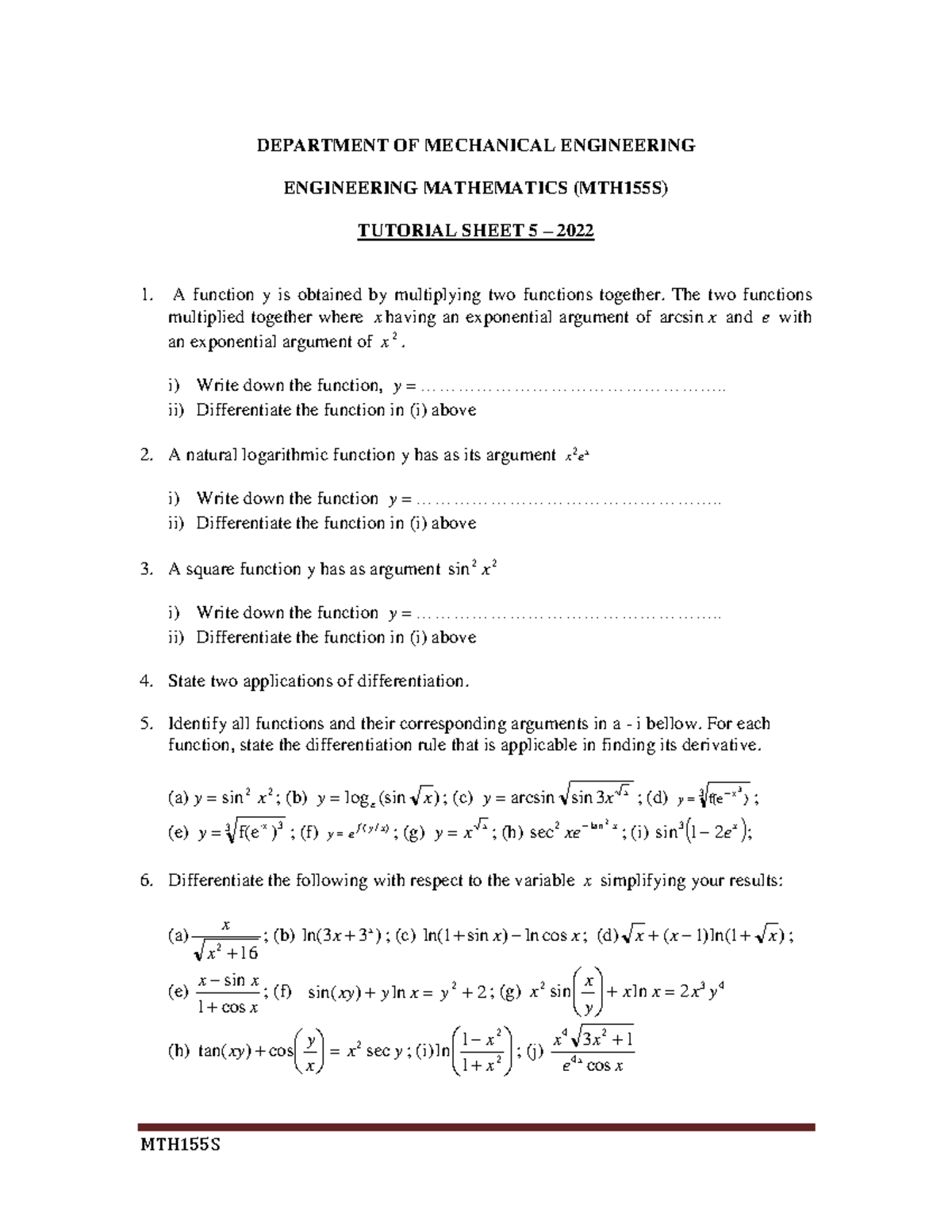MTH155S - Engineering Mathematics Tutorial Sheet 5 Questions - Studocu