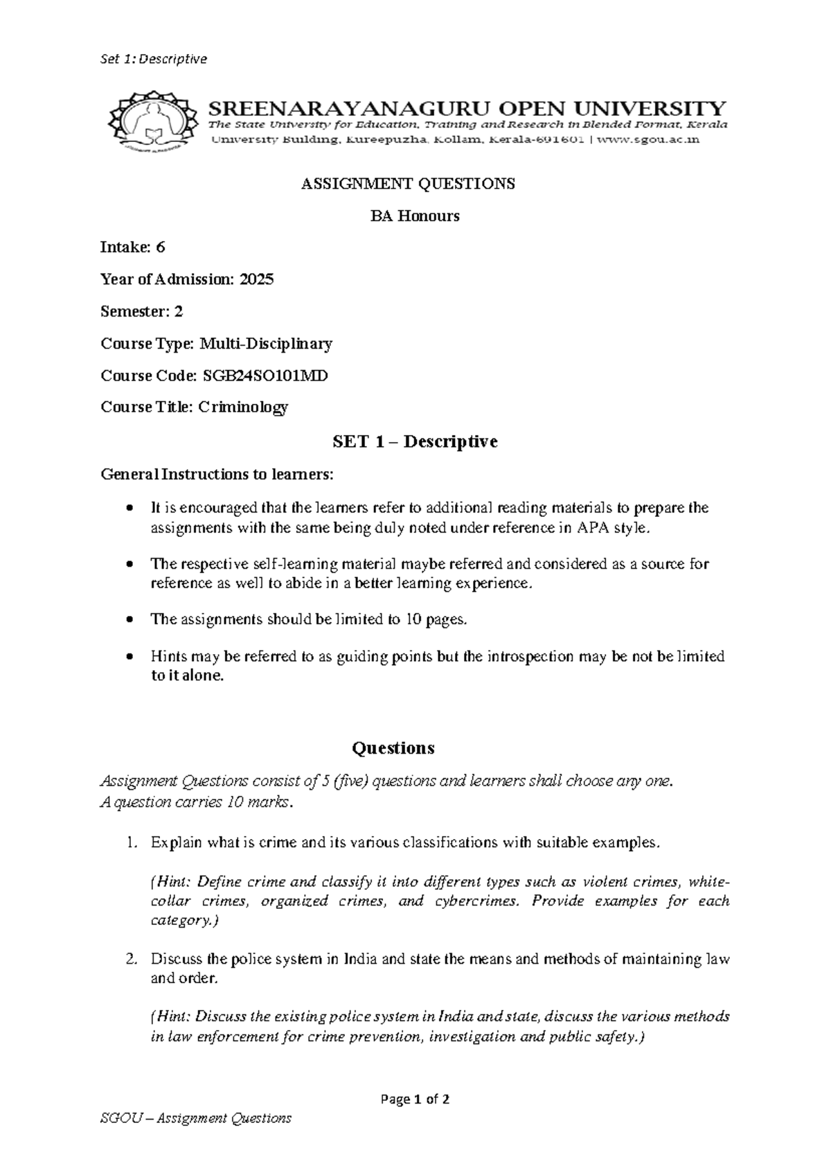 SGB24SO101MD: Criminology Set 1 Descriptive Assignment Questions - Studocu