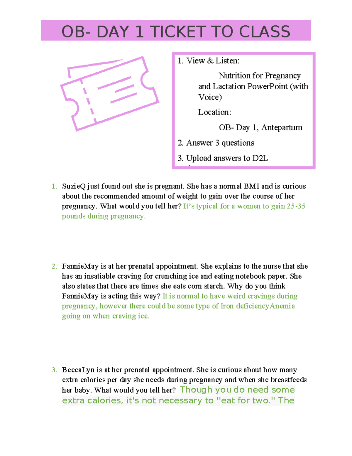 OB- Day 1: Nutrition for Pregnancy PP Questions & Class Ticket - Studocu