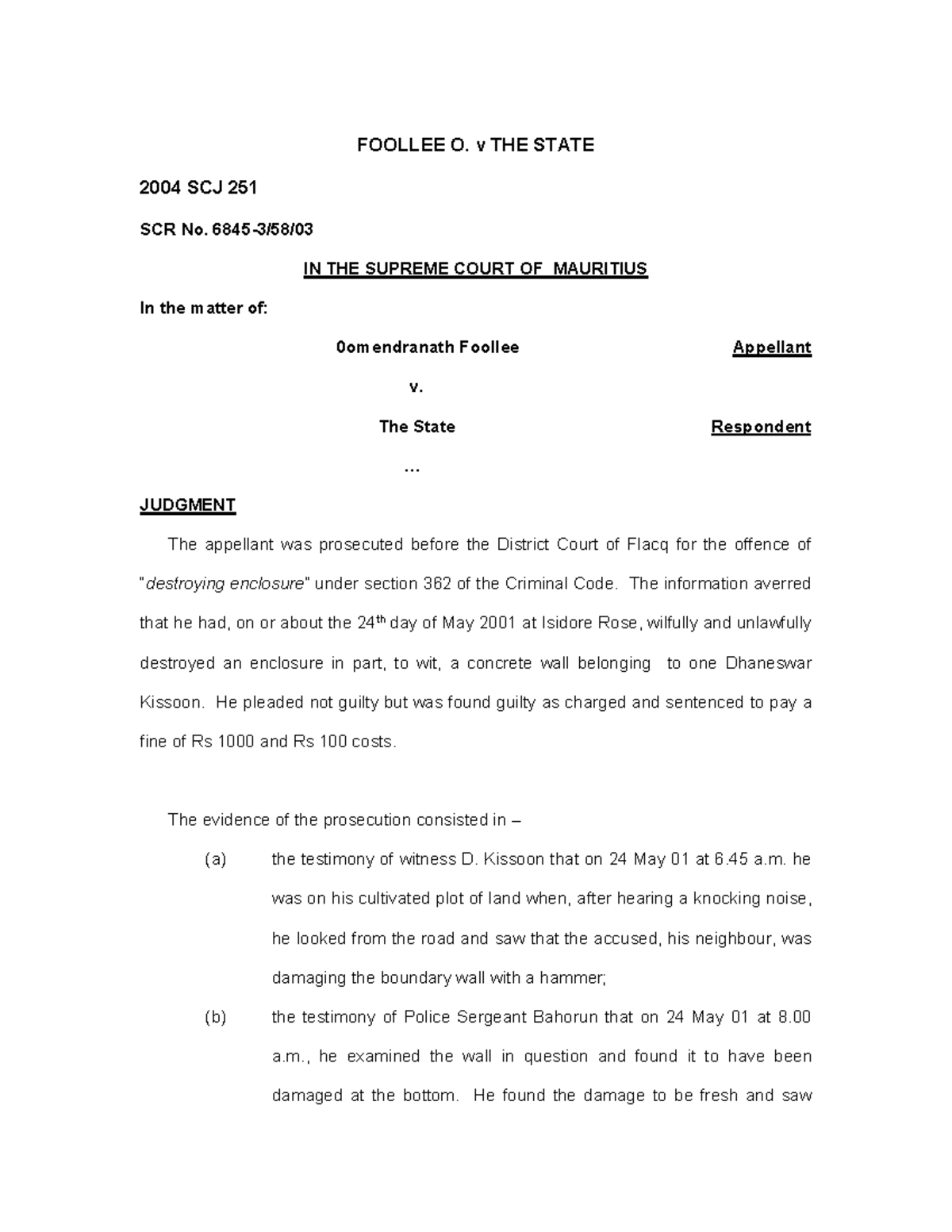 Foollee O. v The State - SCJ 251/2004 Judgment Analysis - Studocu