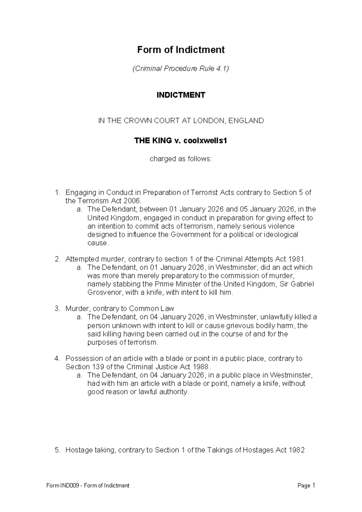 SUK Form IND009 - Indictment for Terrorism and Related Offenses - Studocu