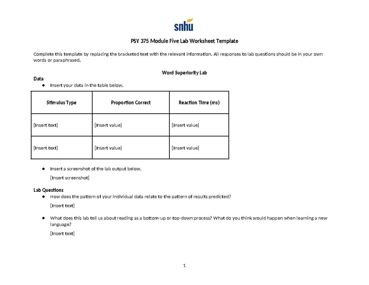 PSY 375 Module Five Lab Worksheet Template - PSY 375 Module Five Lab ...