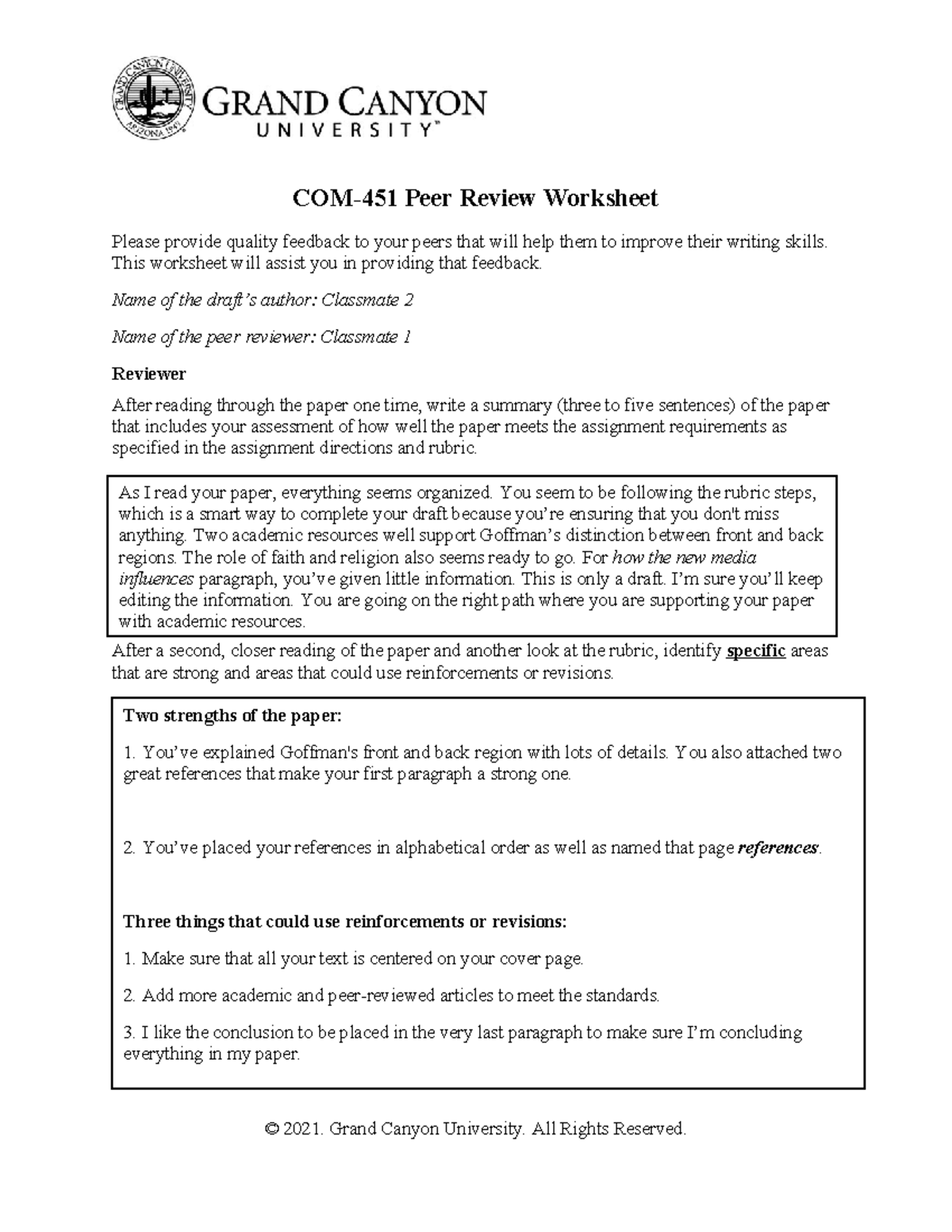 COM-451 Peer Review Worksheet - COM-451 Peer Review Worksheet Please ...