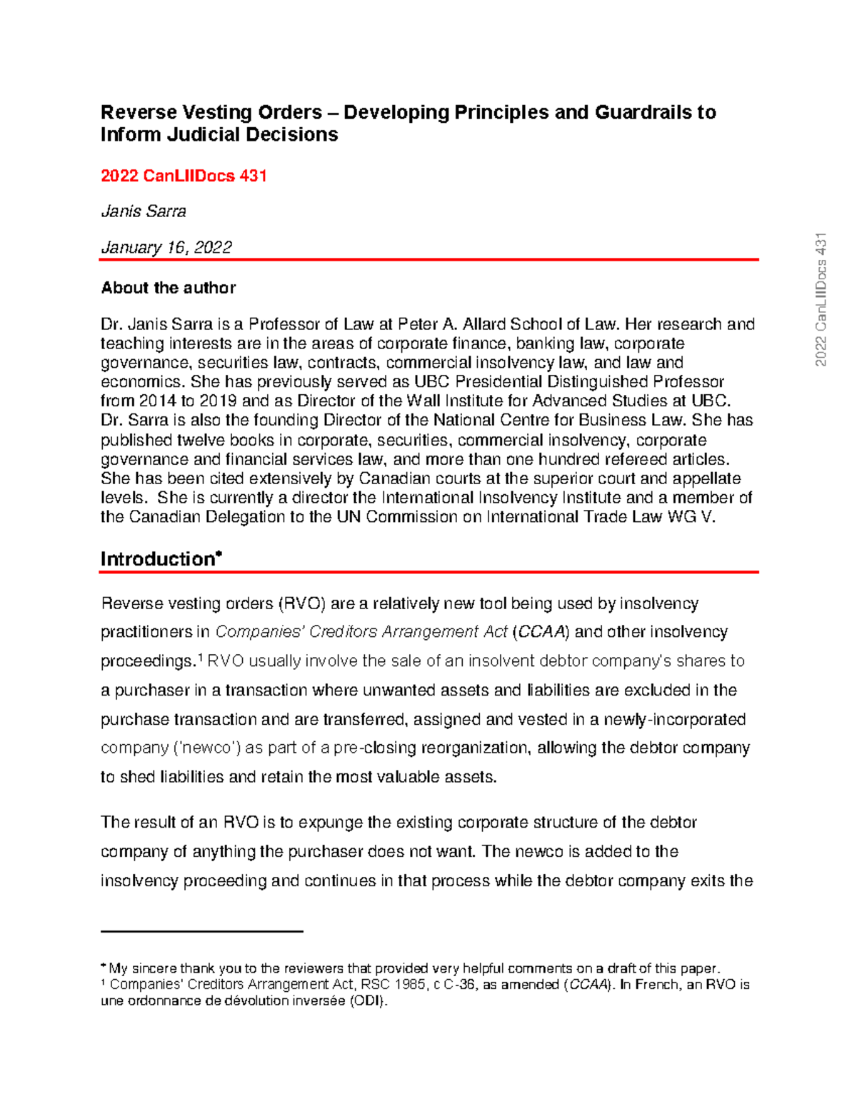 Reverse Vesting Orders: Principles and Judicial Guidance (2022 CCAA ...