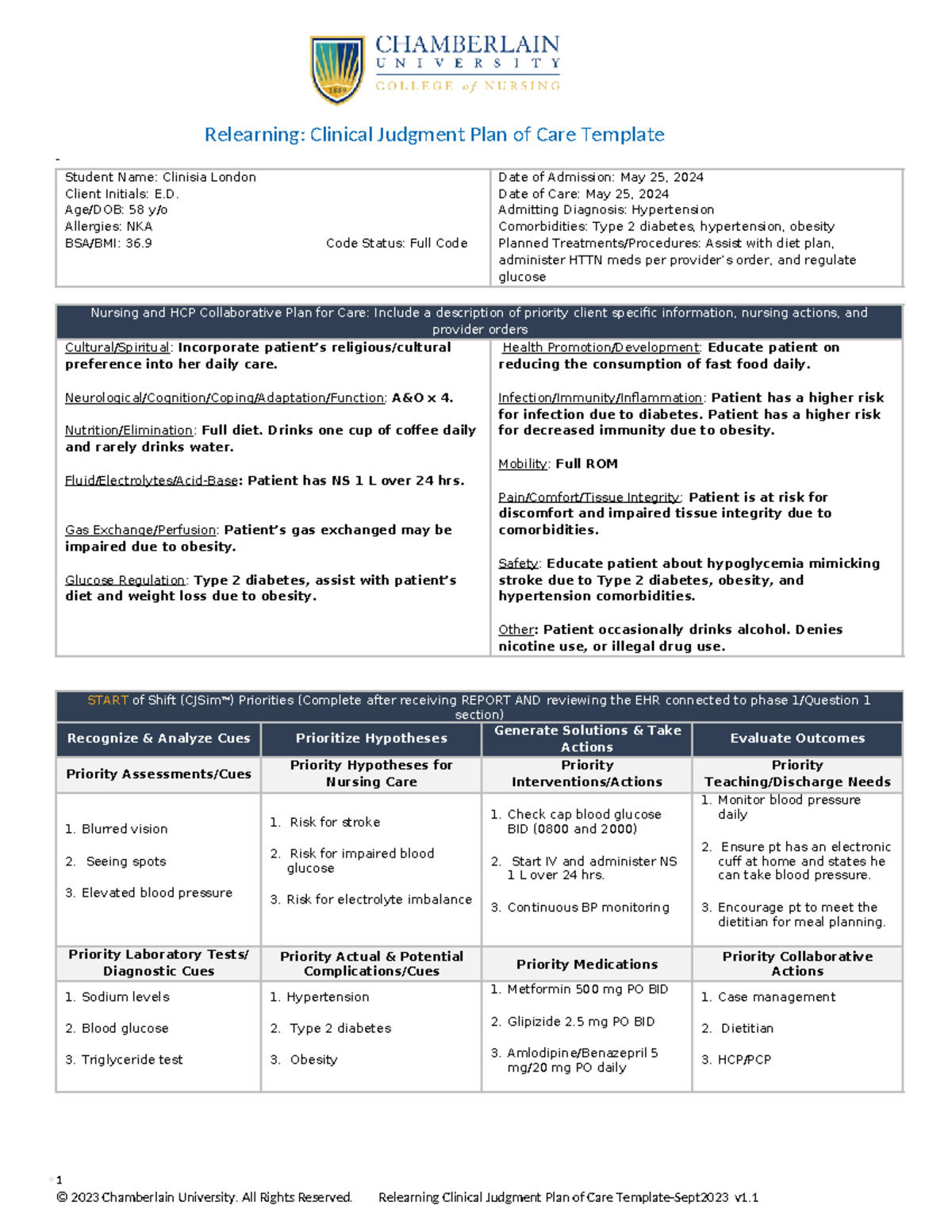 CJSim™ Clinical Judgment Plan of Care Template for Client E.D. - Studocu