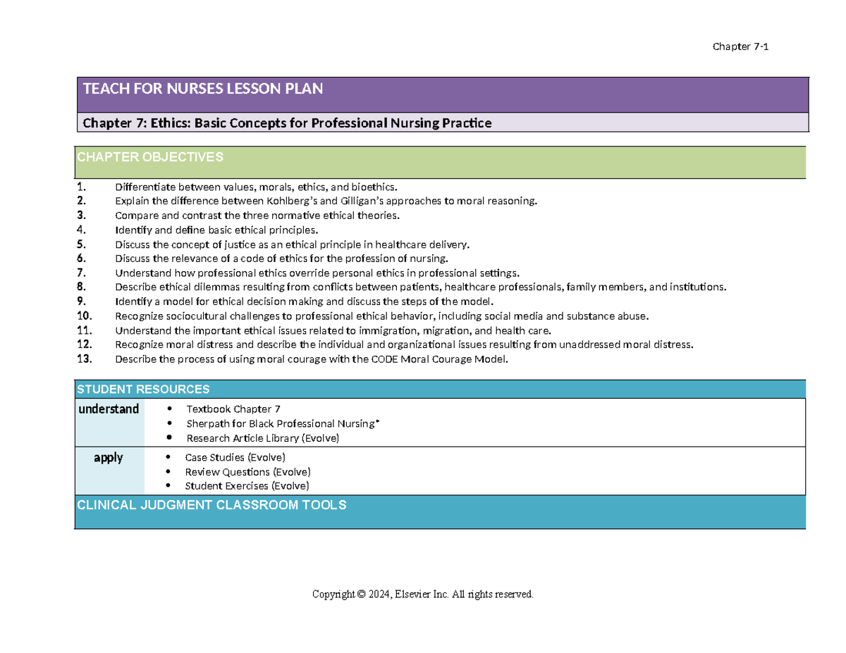 Chapter 007: Ethics in Nursing - Key Concepts and Decision-Making - Studocu