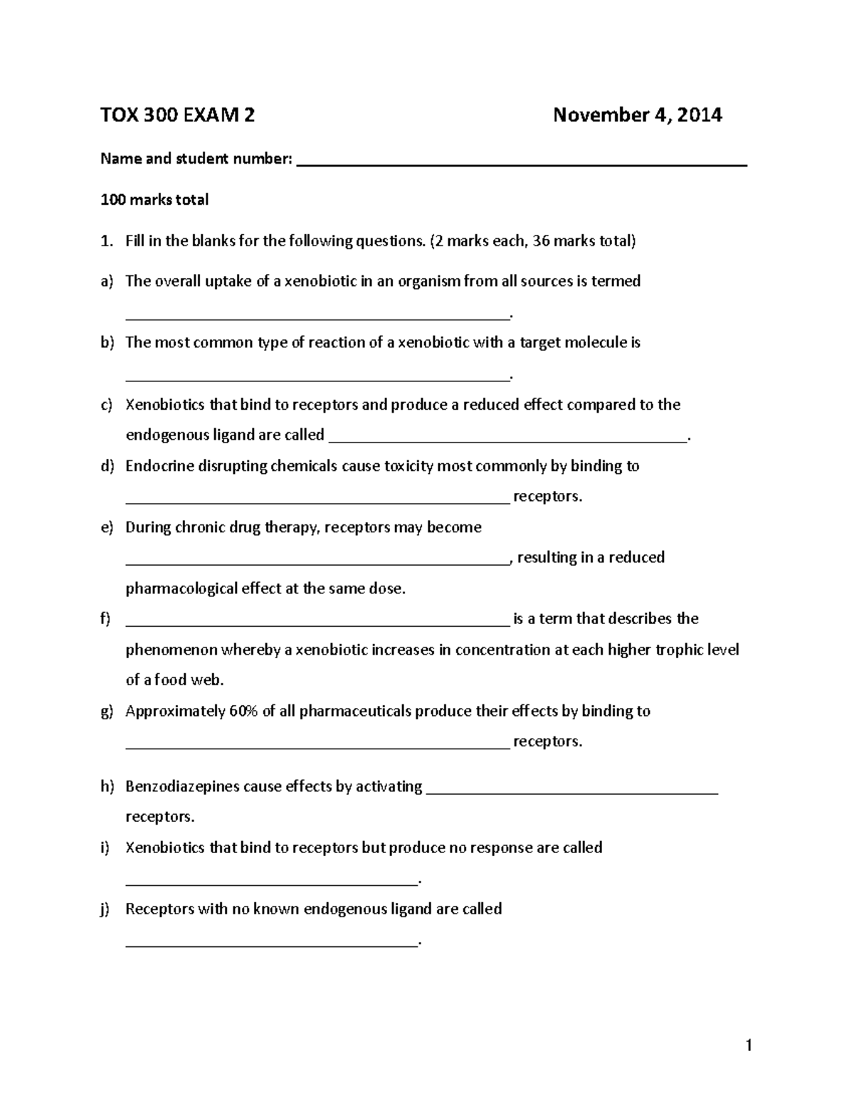 TOX 300 Midterm Exam 2 Study Guide - November 4, 2014 - Studocu