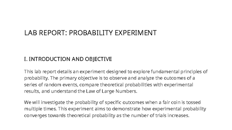 Probability Lab Report: Experiment I on Coin Toss Outcomes - Studocu