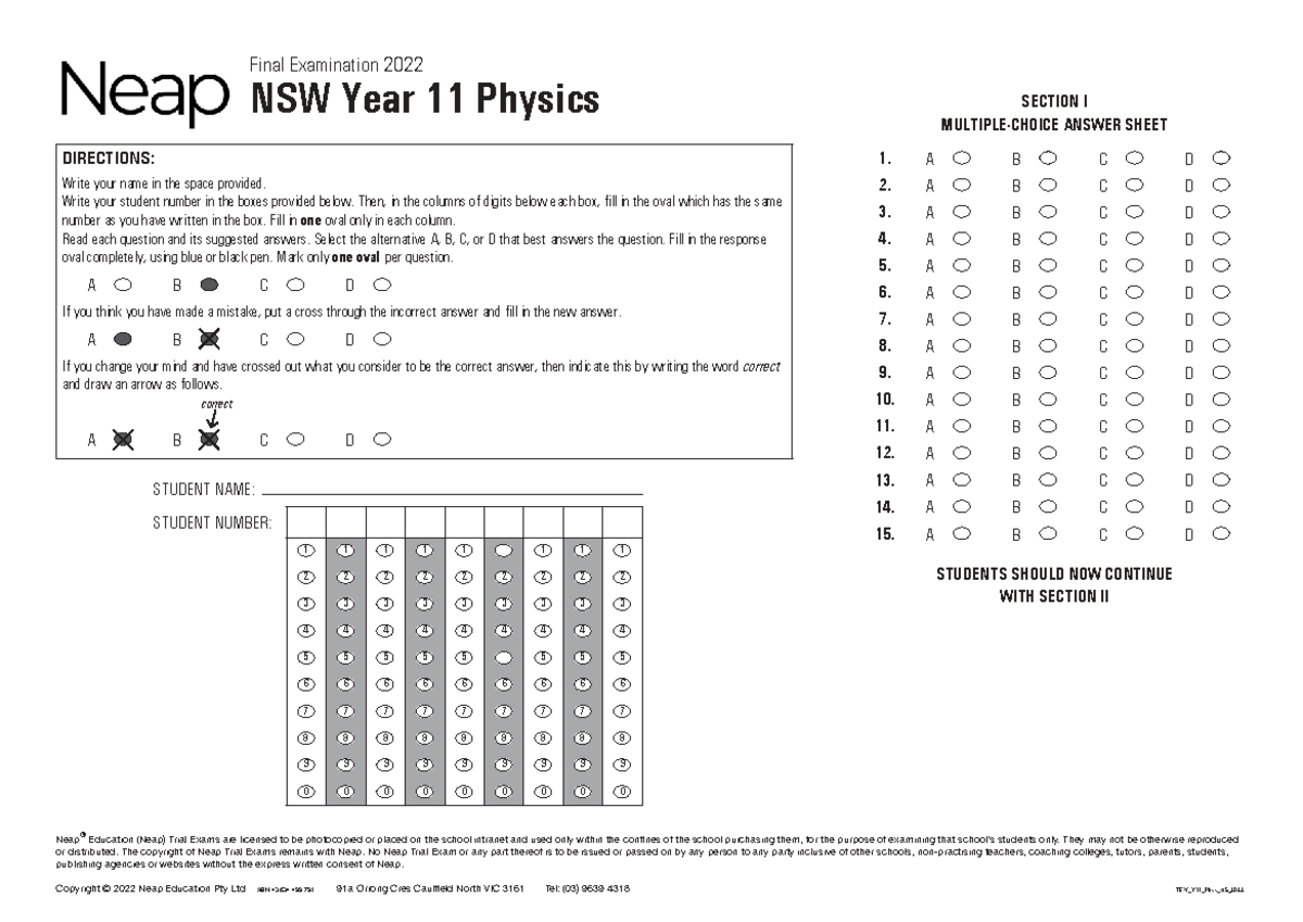 NSW Year 11 Physics Final Exam Answer Sheet 2022 - Studocu