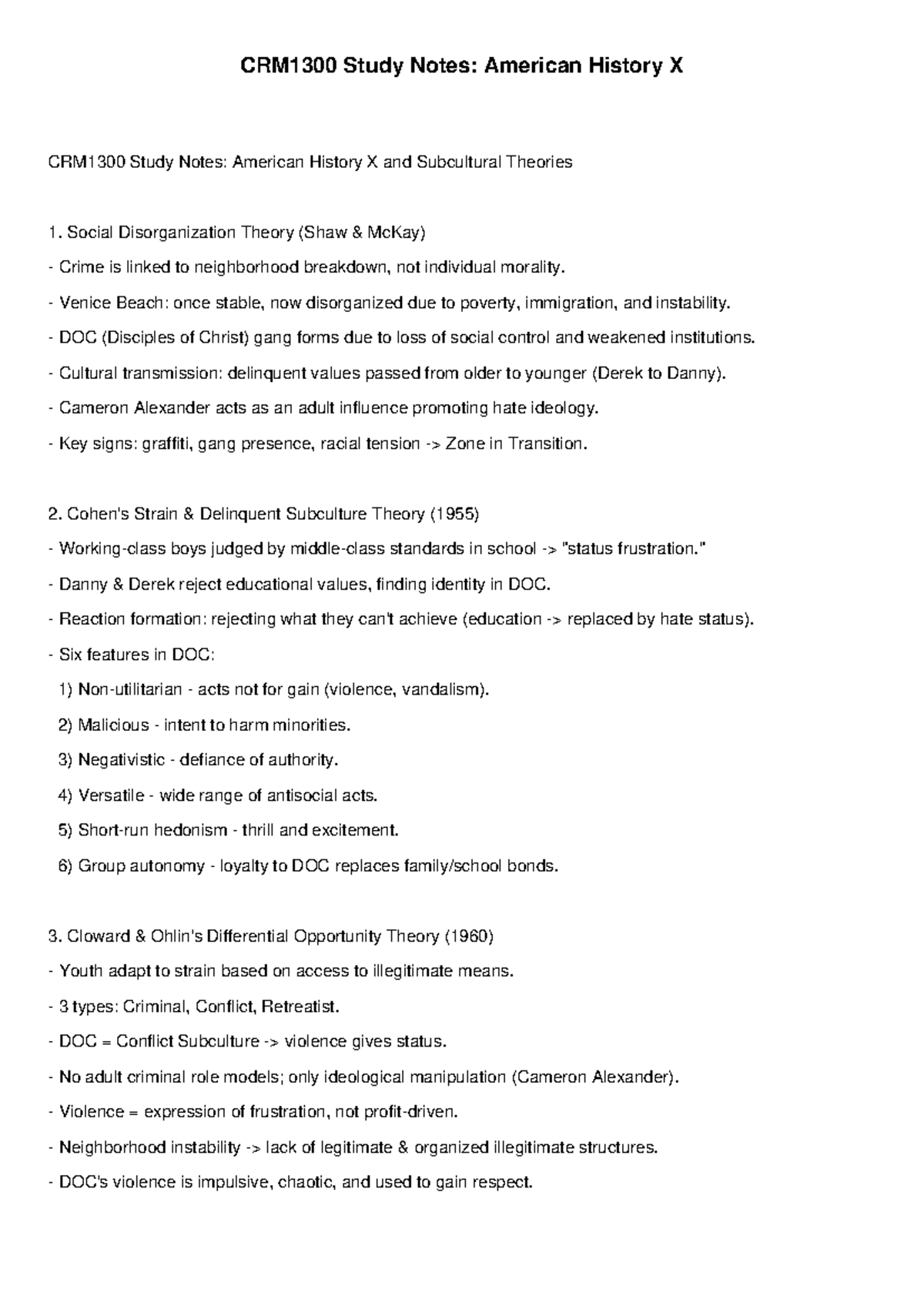 CRM1300 Study Notes: American History X & Subcultural Theories - Studocu