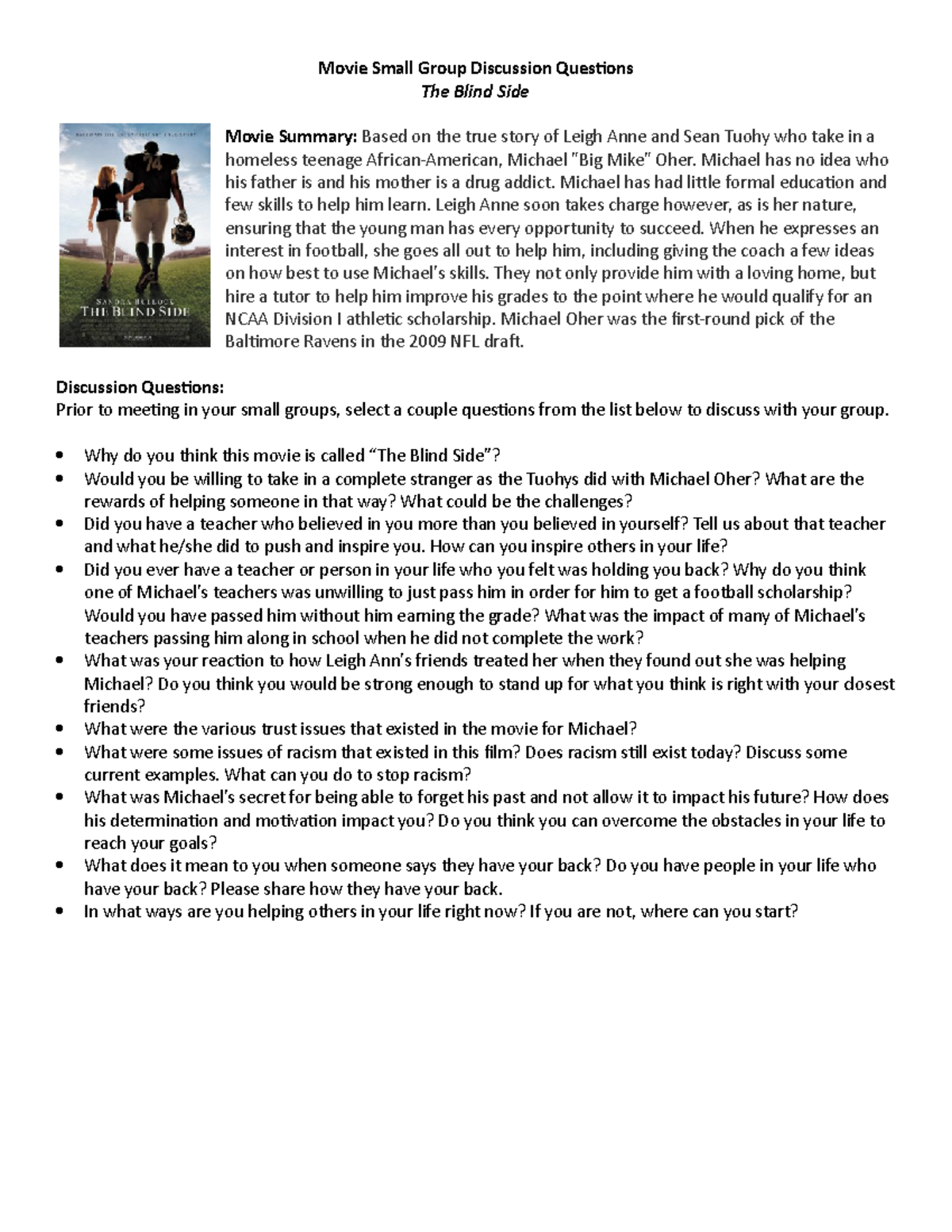 The Blind Side Assignment: Group Discussion Questions and Insights ...
