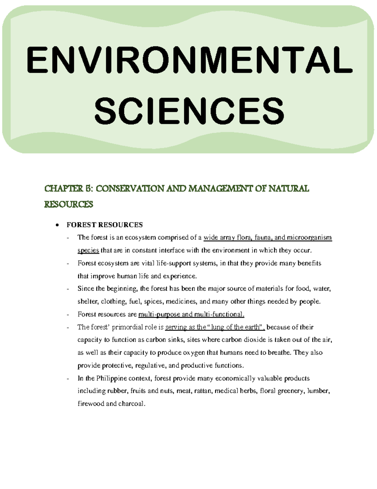 ES 101: Conservation and Management of Natural Resources - Chapter 5 ...