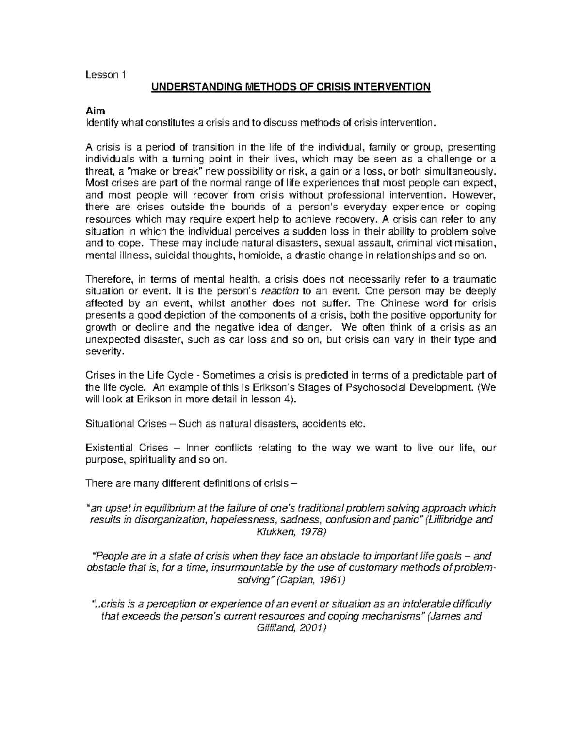 Lesson 1: Understanding Crisis Intervention Methods and Responses - Studocu