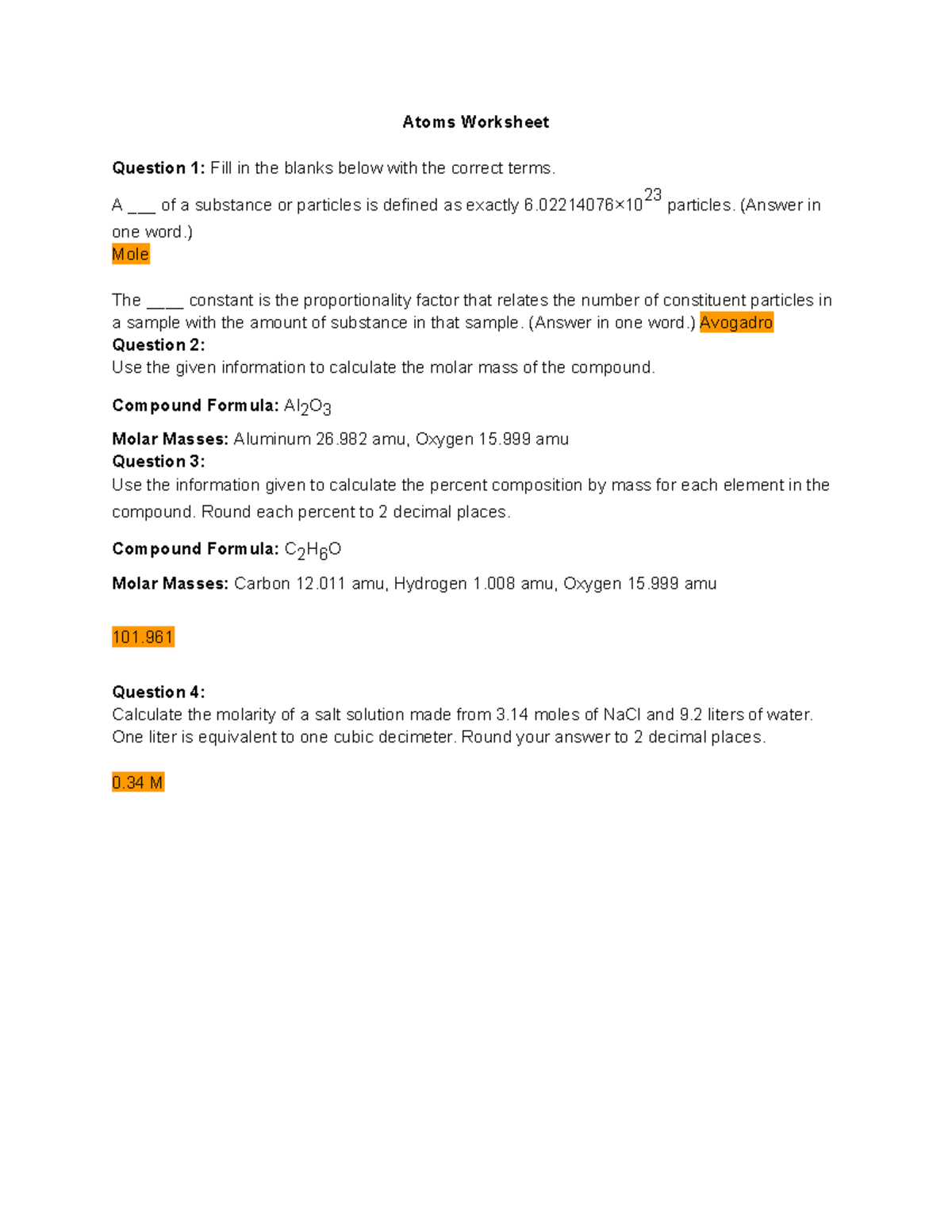 Atoms Worksheet: Molar Mass & Composition Calculations - Studocu