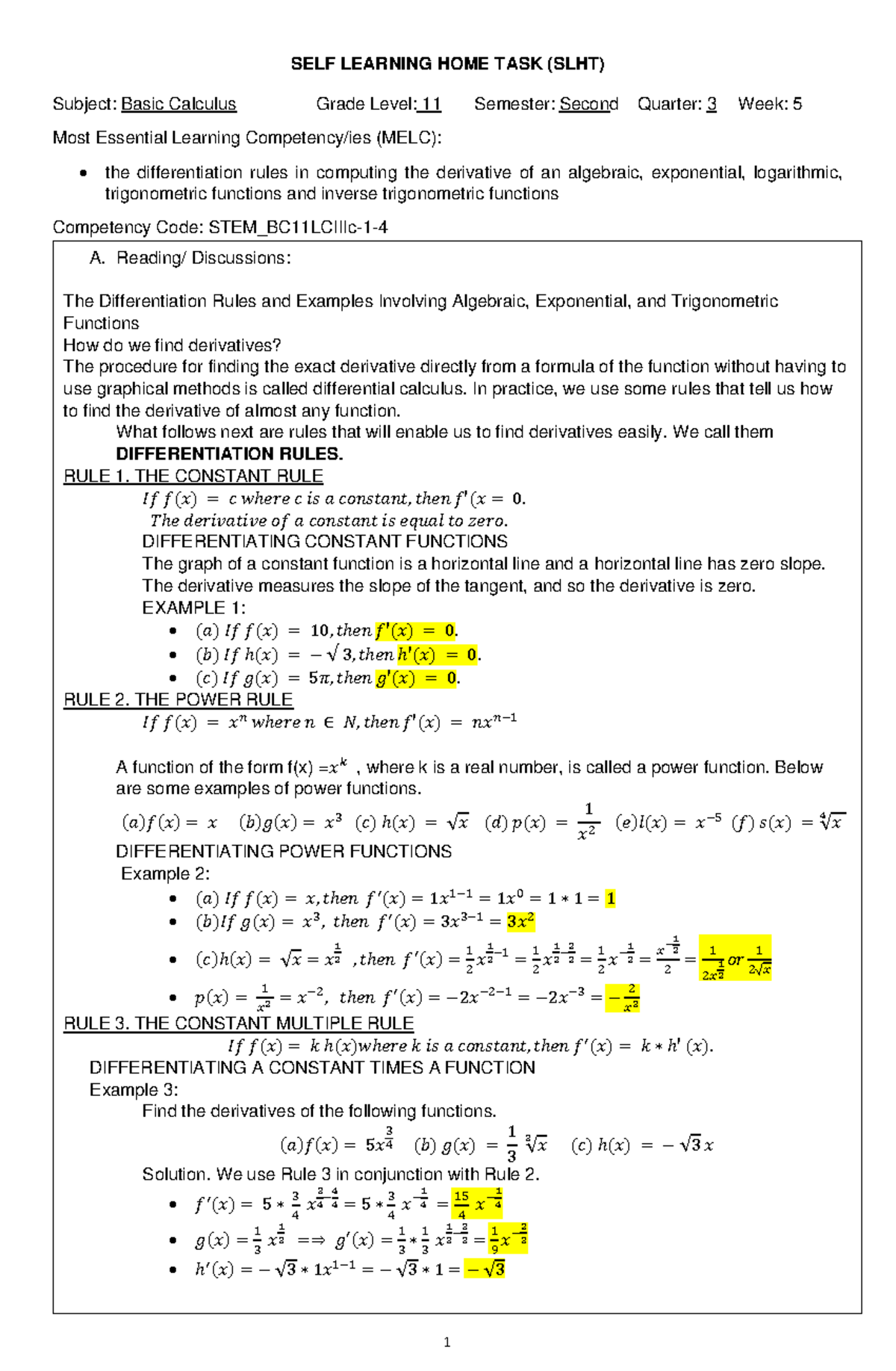 Differentiation- Rules - SELF LEARNING HOME TASK (SLHT) Subject: Basic ...