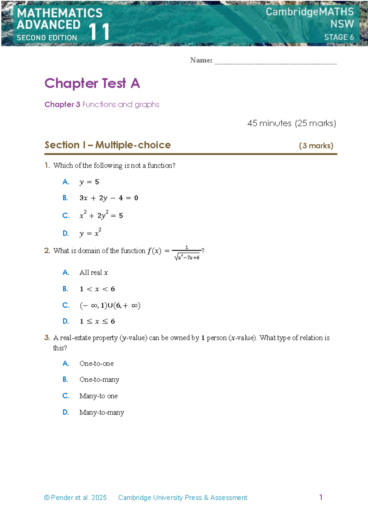 Adv Y11 Ch03 Test A - Functions and Graphs Practice Material - Studocu