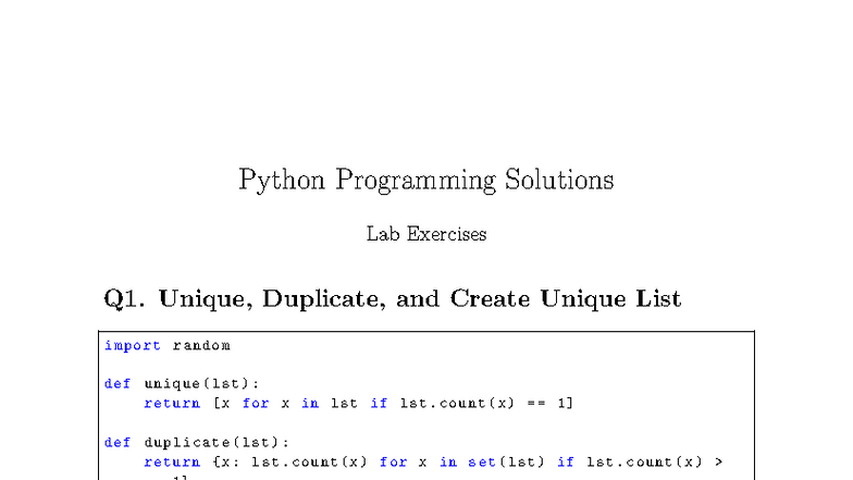 Python Programming Lab Exercises: Unique Lists, Statistics & More - Studocu