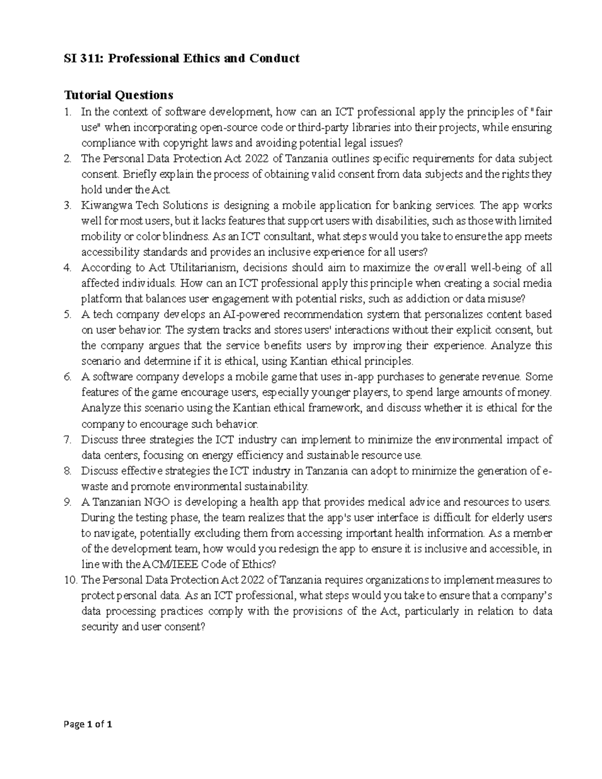 SI 311 Tutorial 1 - Nice one - Page 1 of 1 SI 311: Professional Ethics ...