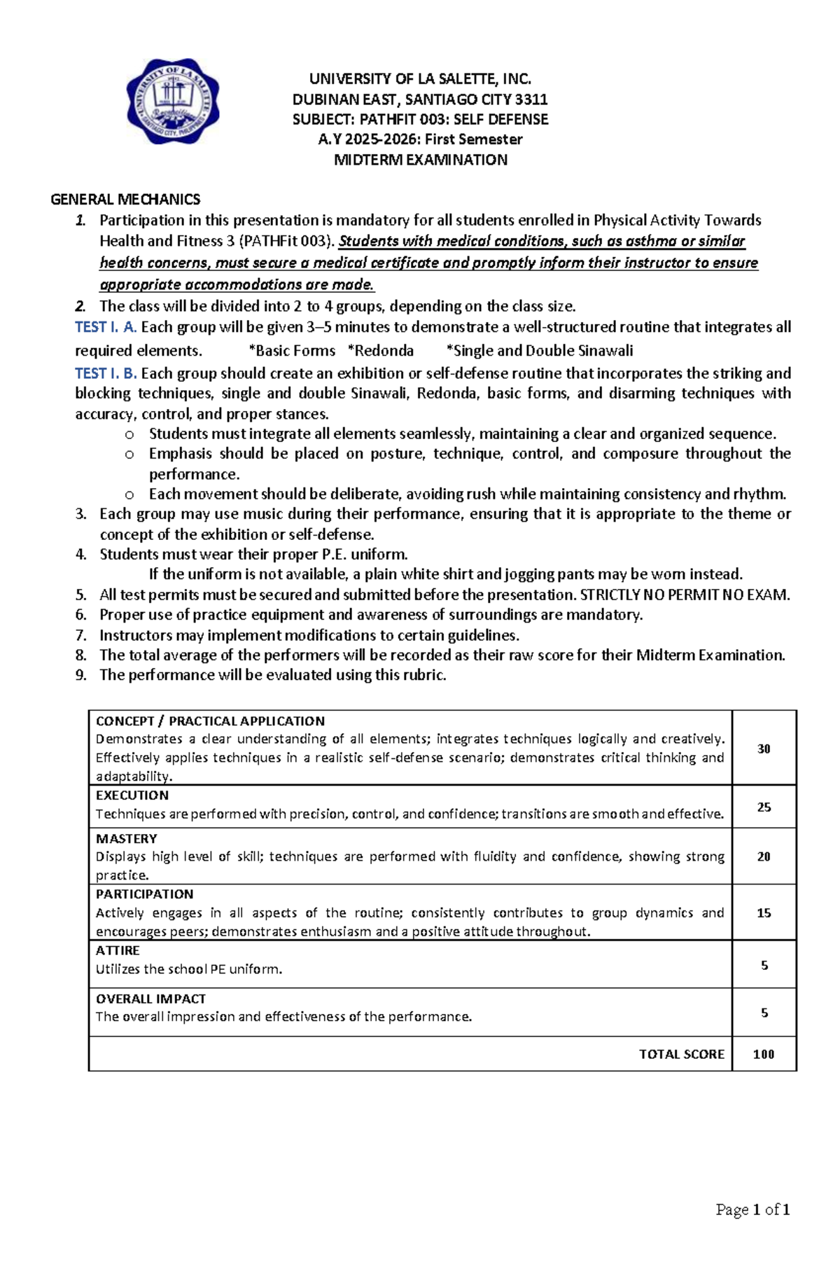 Midterm Exam Guidelines for PATHFit 003: Self Defense Performance - Studocu